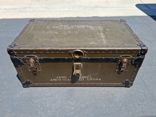 Vintage Military Red Cross FOOT LOCKER Wood Trunk chest storage green ...
