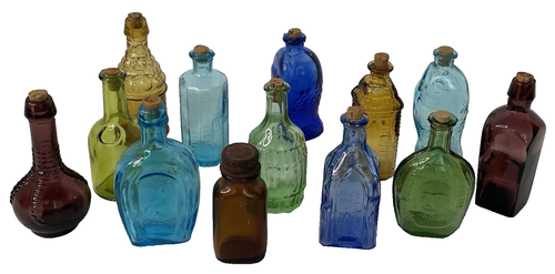 Lot of 12 VTG Mini Wheaton Type Glass Bottles Color & 1 Brown Bottle w ...