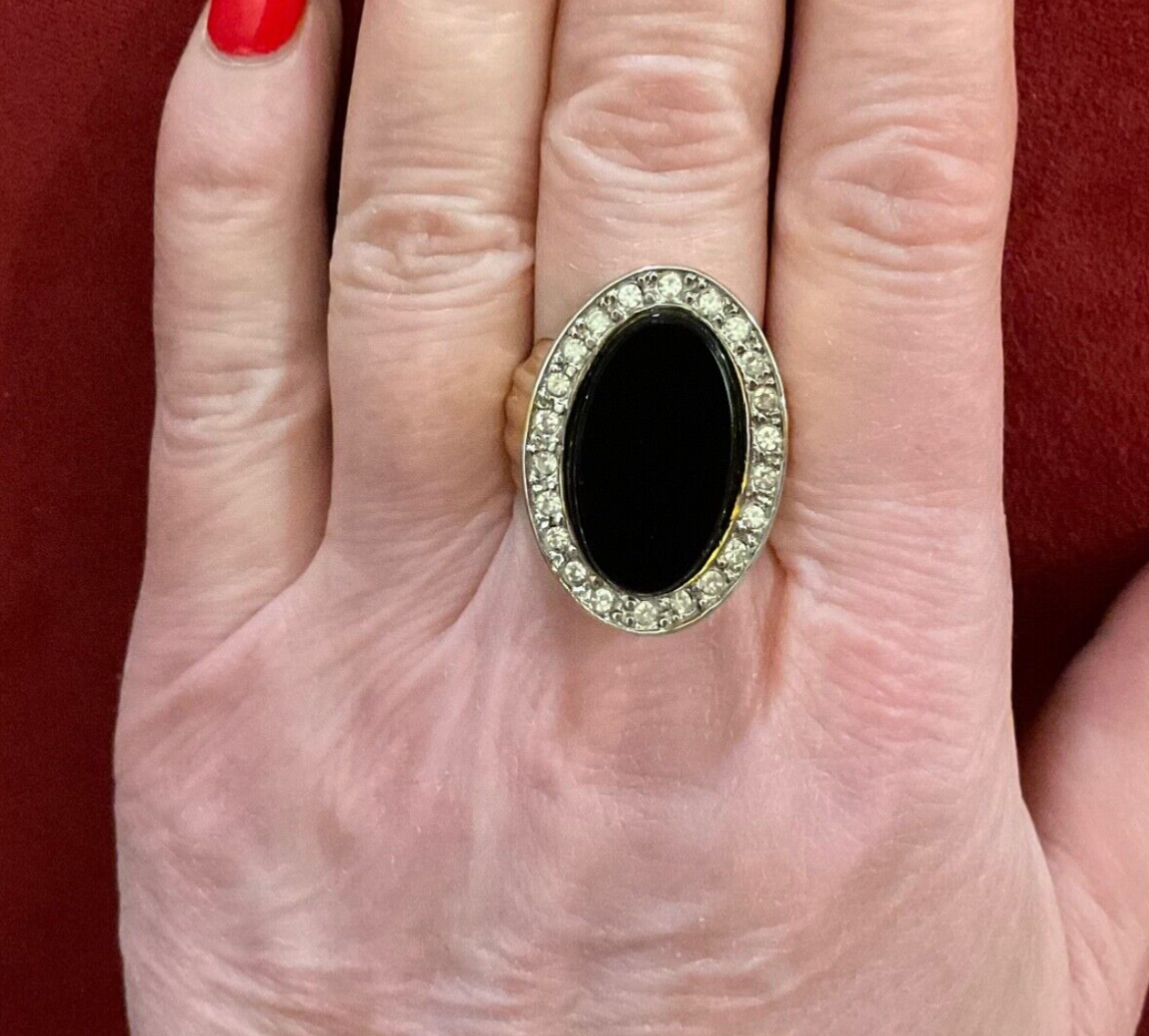 18k Gold Electroplated Ring Large OVAL BLACK ONYX Stone CZ SURROUNDED ...