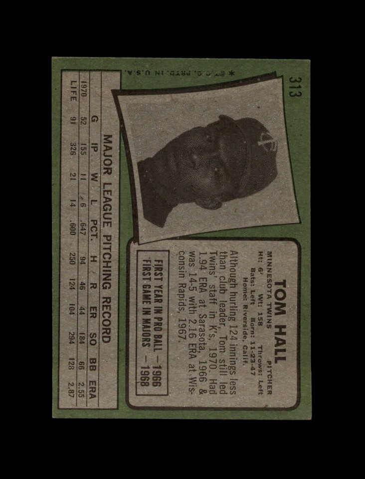 1971 Topps Baseball #313 Tom Hall Twins (Twins) EXMT #A | eBay