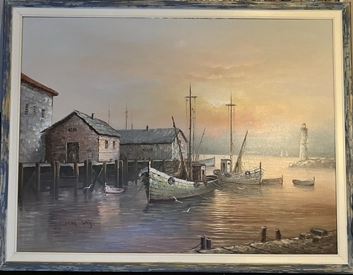 **Massive** MAX SAVY Original/signed Oil Painting HARBOR SCENE ...