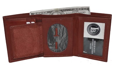 BADGE ID HOLDER ROUNDED OVAL SHAPE BURGUNDY TRIFOLD WALLET NEW LEATHER ...