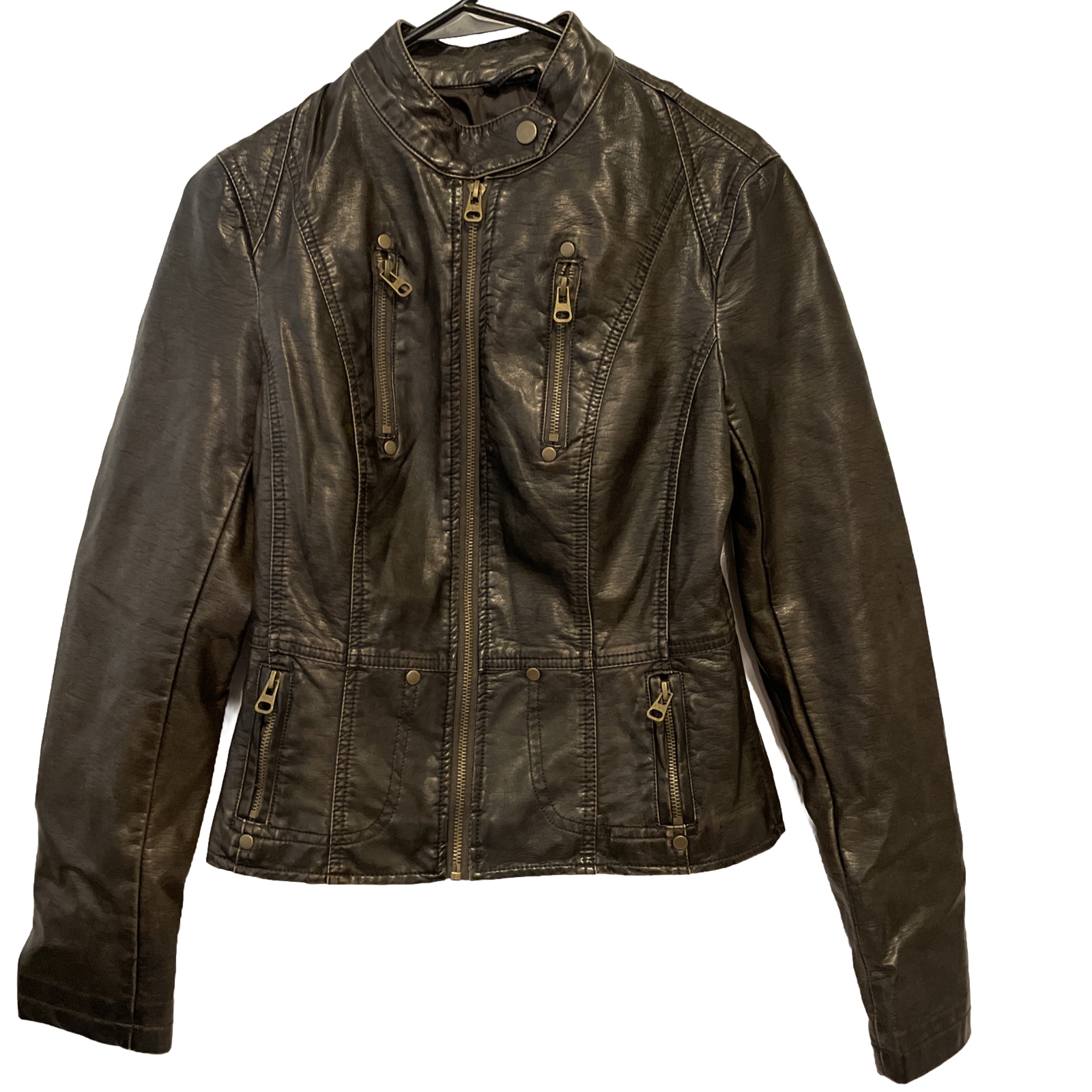 Bronze metallic faux leather motorcycle jacket sz S … - Gem