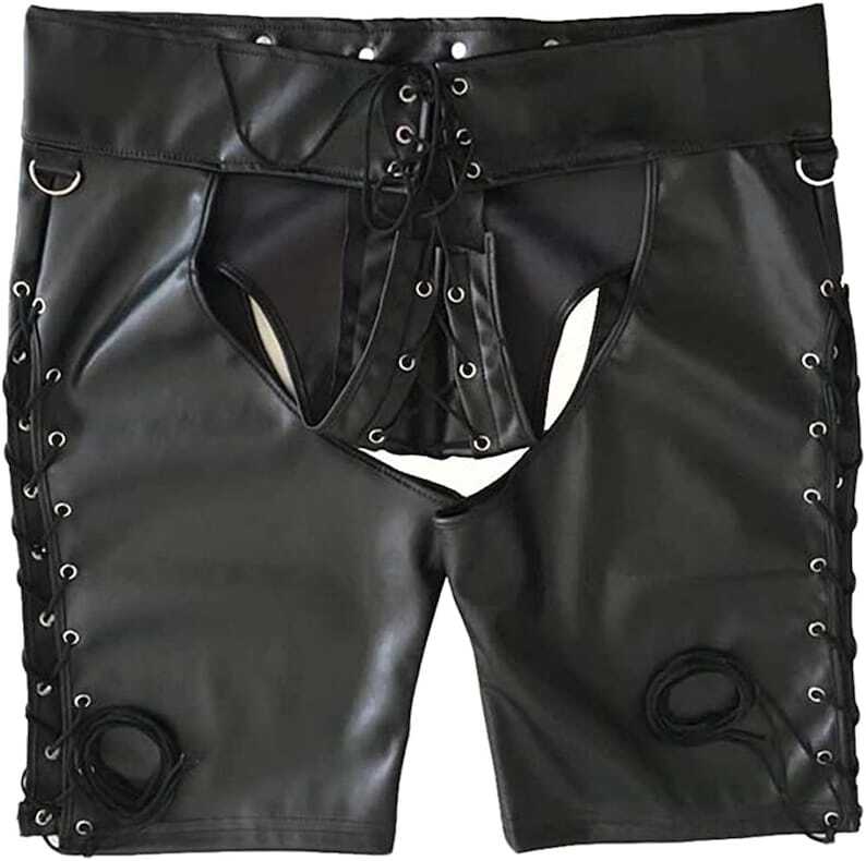 Men's Real Cowhide Leather Chaps Shorts Laces Up Chaps Cuir Schwarz ...