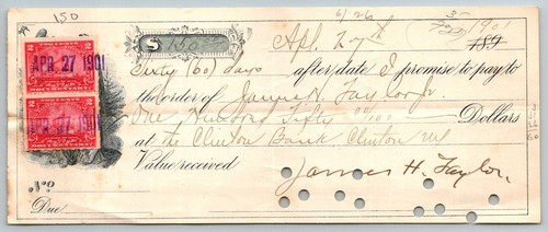 1901 Clinton Bank New York Check 8" x 3" | eBay