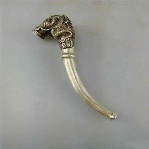 Chinese Old Tibet Silver Copper Smoking Tool Statue Sacred Dragon Head ...