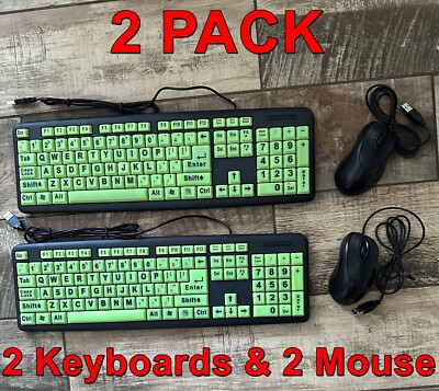 2 Pack Big Bright Easy See Keyboards Green Big Letters + 2 Mouse ...