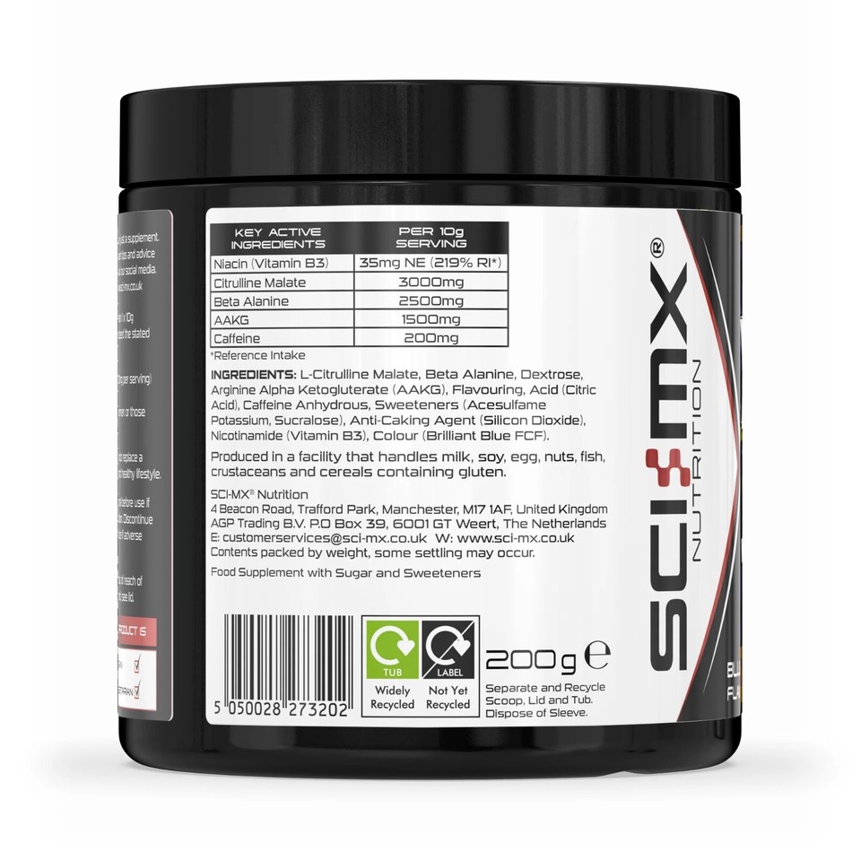 Sci MX Total Pre Workout Powder 200g Nitric Oxide Muscle Pump Blue ...