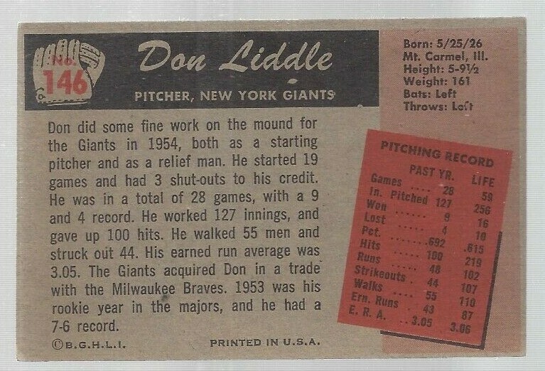Don Liddle 1955 Bowman ML Baseball Trading Card # 146 Giants LC | eBay
