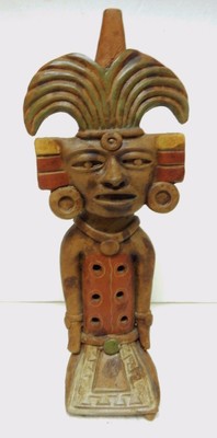 MEXICO AZTEC MAYAN CLAY FLUTE FOLK ART POTTERY PRIMITIVE 10.5" VINTAGE ...