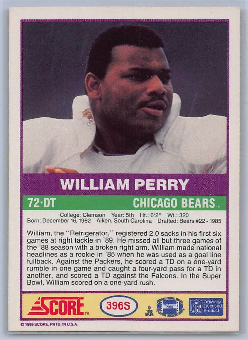 1989 WILLIAM PERRY SCORE SUPPLEMENTAL Football Card # 396S Chicago ...