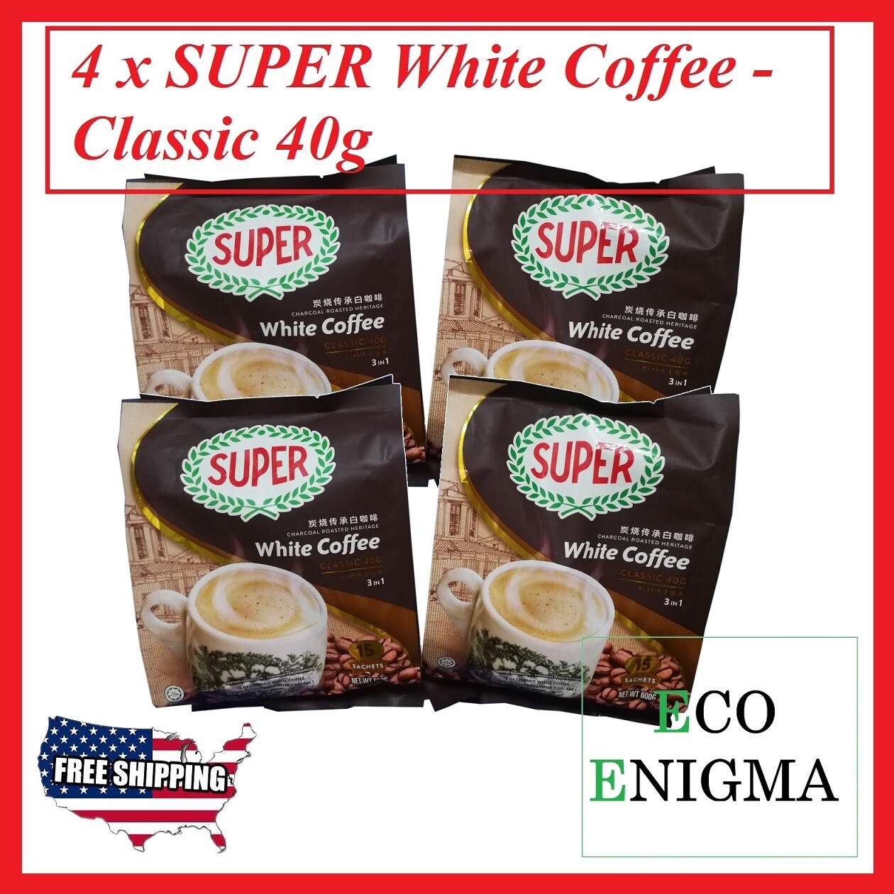 4 x SUPER Charcoal Roasted White Coffee Classic 15 sachet pack Charcoal ...