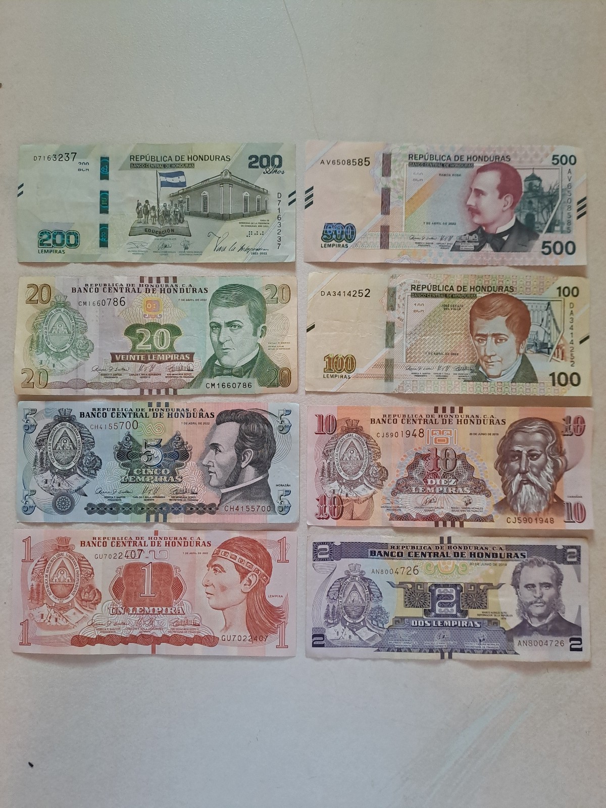 Honduras Banknotes Mixed Lot – 1, 2, 5, 10, 20, 100, 200, 500 Lempiras ...