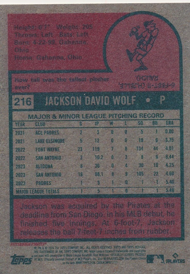#216 JACKSON WOLF 2024 Topps Heritage Baseball RC PITTSBURGH PIRATES | eBay