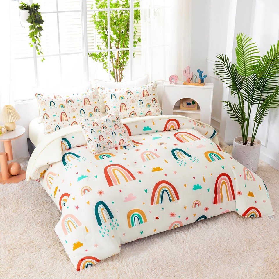 Rainbow Girls Bedding Comforter Set Full Size 6 Pieces Beige Bed in A ...