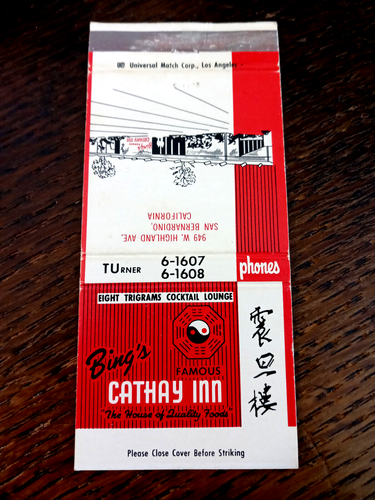 Vintage Matchbook: Bing's Cathay Inn, San Bernardino, CA | eBay