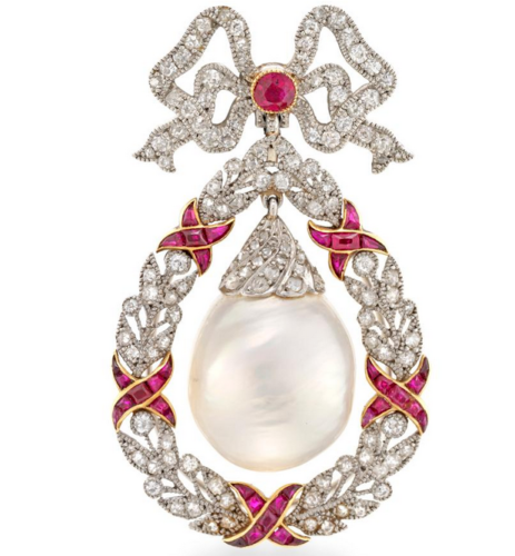 White Pearl Drop Shape Pink Ruby Set White CZ Ribbon Bow Brooch Solid ...