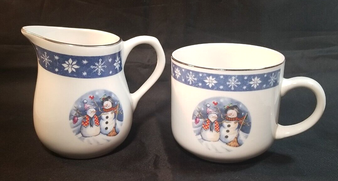 Crofton Christmas Snowman Blue Snow Flake Creamer Dish and Coffee Cup | eBay