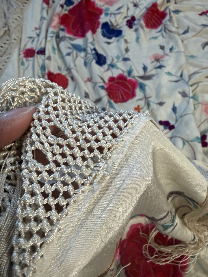 Antique Hand Embroidered Canton Piano Shawl, Silk w/ Fringe | eBay UK