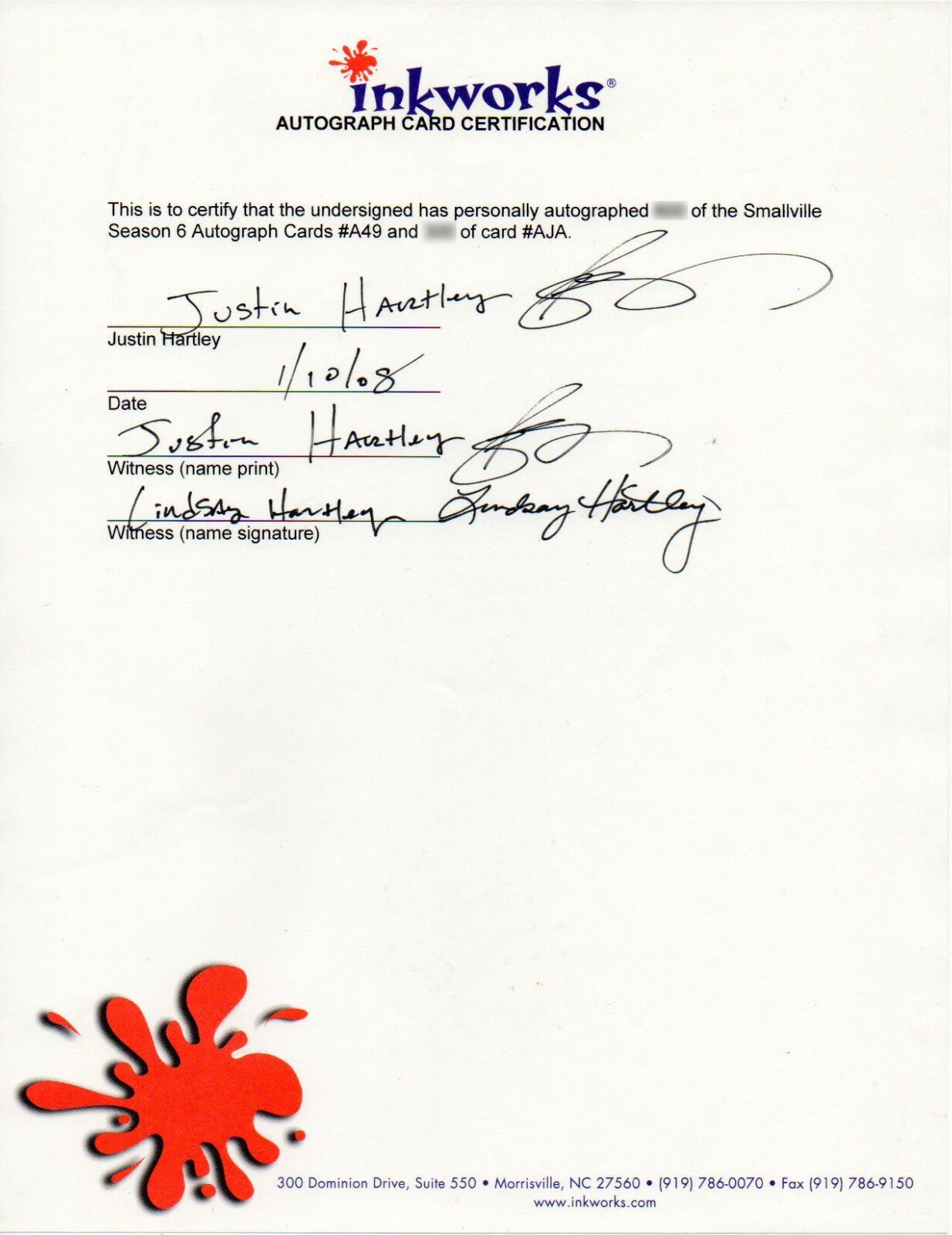 Contract JUSTIN HARTLEY Inkworks AUTOGRAPH Certification SMALLVILLE ...