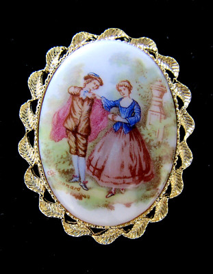 Vintage Signed Fragonard Courting Couple Porcelain Brooch/Pin-Pendant ...