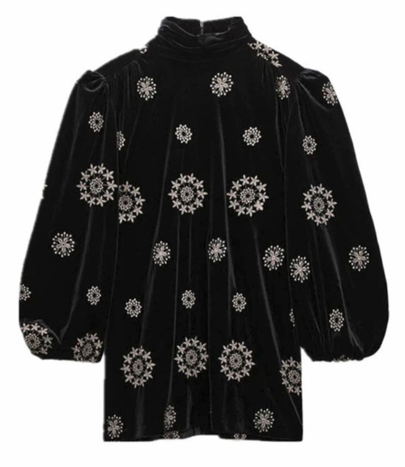 ZARA BLACK VELVET DOILY FLORAL EMBROIDERED HIGH NECK BALLOON SLEEVES ...