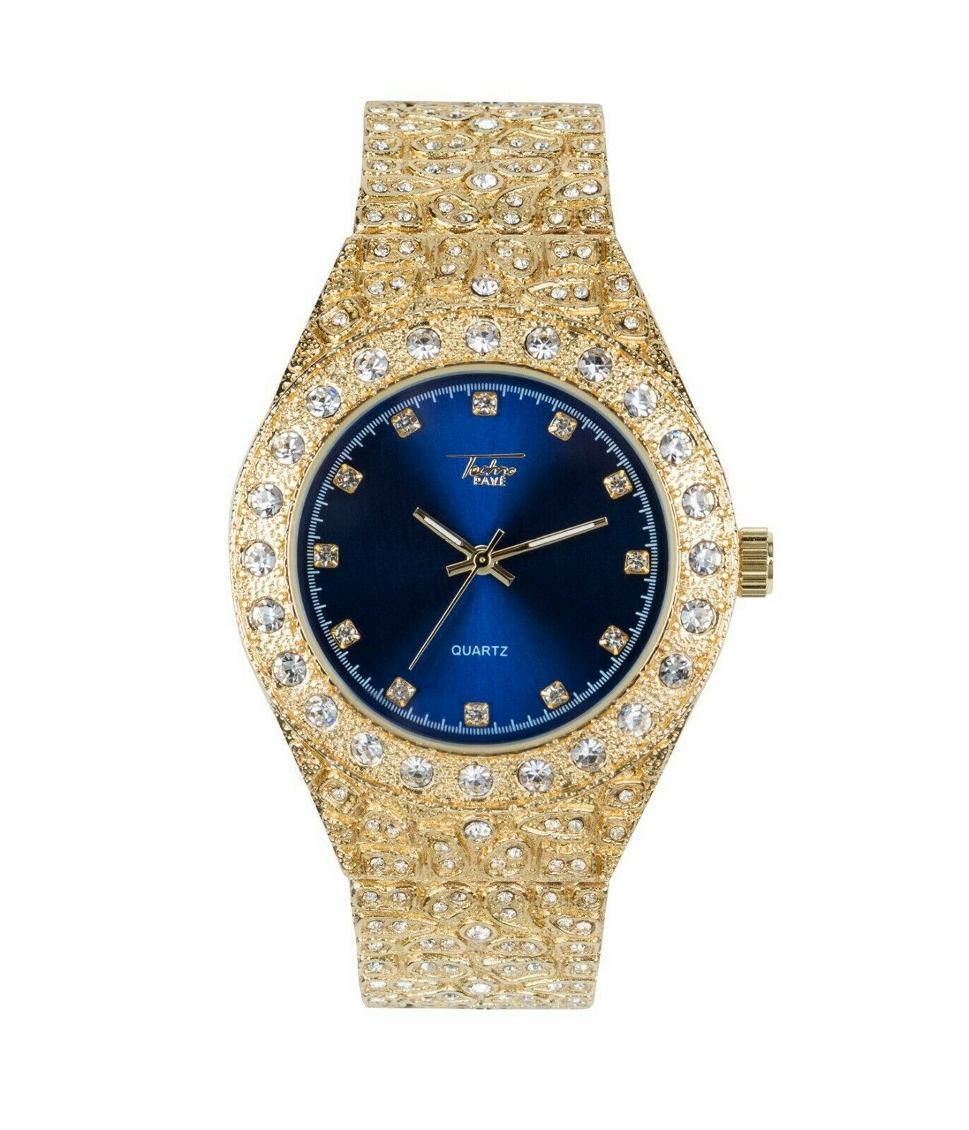 Men Icy Bling Rapper Lab Diamond Blue Dial Metal Band Gold Hip Hop ...