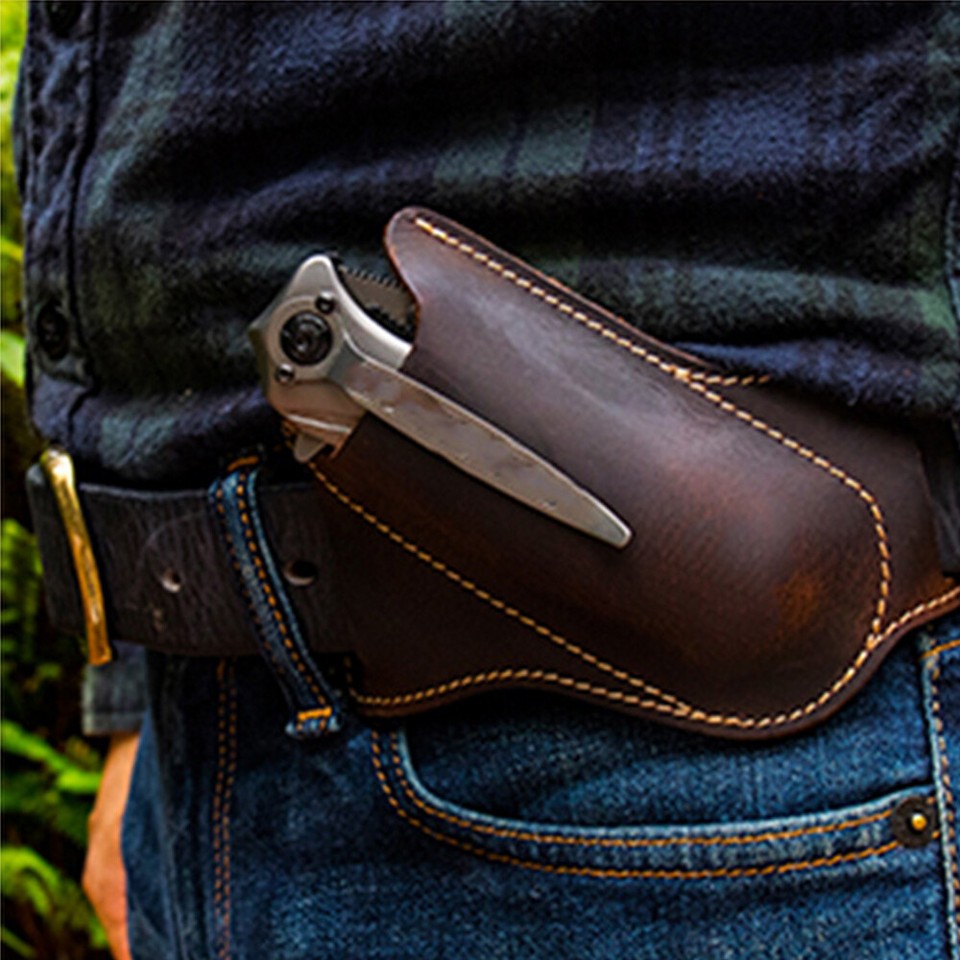 Saddle Belt Sheath for folding Pocket Knife Slots Opening Trapper Brown ...