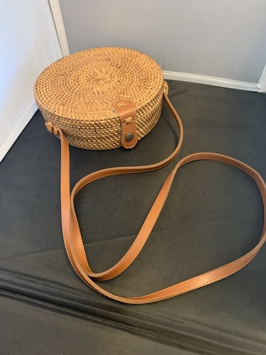 Round rattan purse woven leather straps and closure lined with floral ...