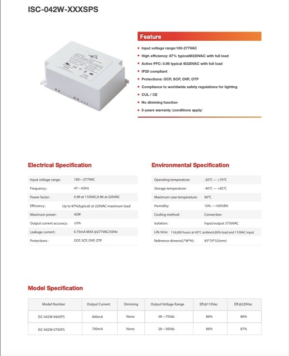 ISC-042W-070SPS Constant Current LED Driver | eBay