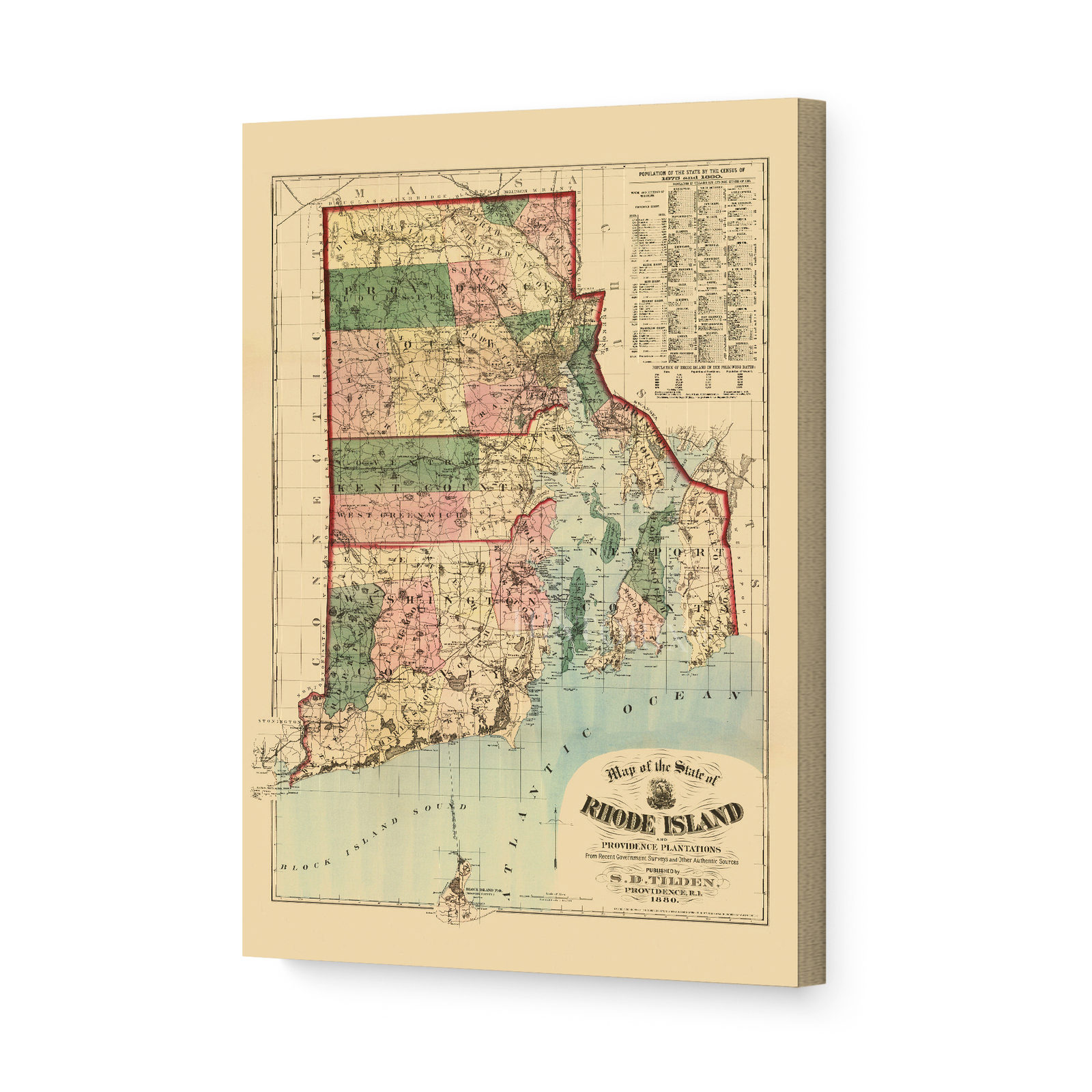 1880 Rhode Island State Map - Canvas Wrap Vintage Rhode Island Wall Art ...