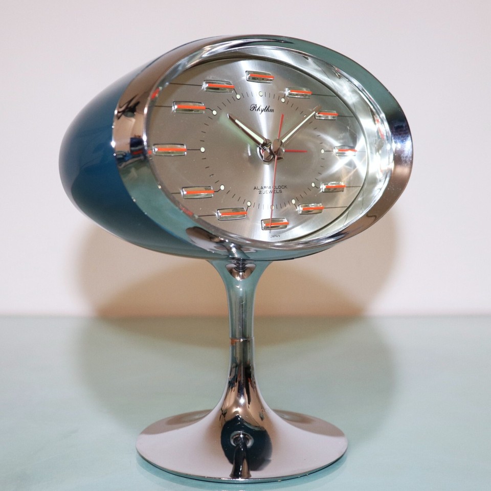 RHYTHM 51141 TOP! Clock Mantel Alarm Vintage Space Age Blue CHROME Desk ...