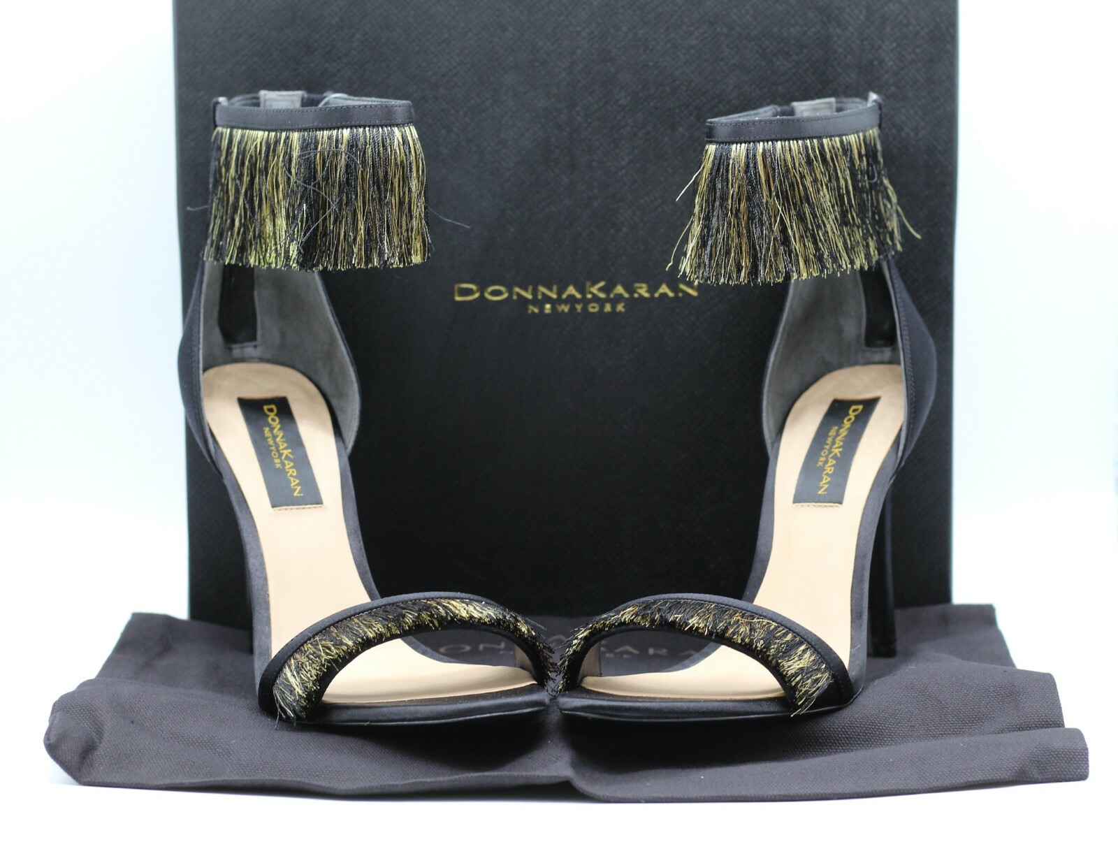 DONNA KARAN New York VAL Fringe Satin Black Heels Ankle Strap Women's ...