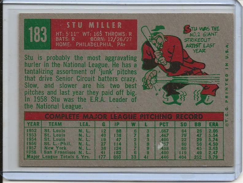1959 Topps Baseball Card Stu Miller Pitcher San Francisco Giants Near ...