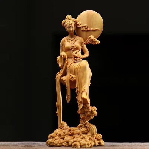7" Chinese Boxwood Huang-yang Wood Goddess Chang's Fly Moon Statue ...