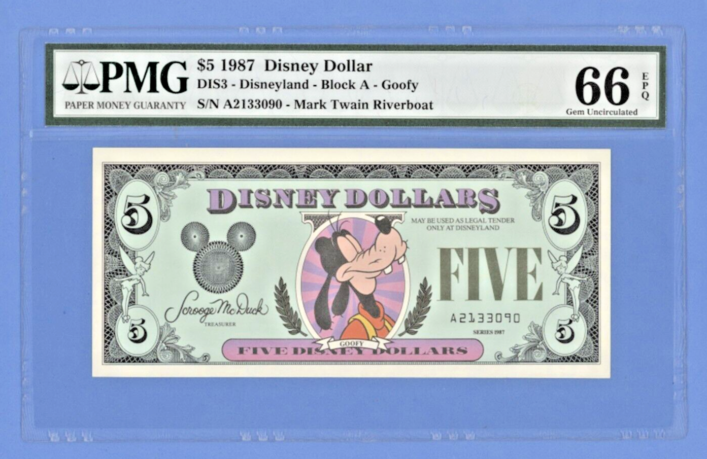 DISNEY $5 DOLLAR 1987 (GOOFY) PMG 66 GEM EPQ (MARK TWAIN RIVERBOAT) | eBay