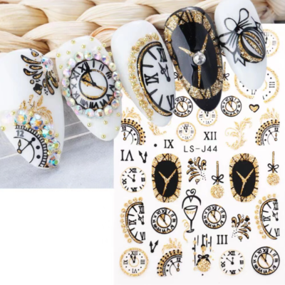 Glitter 3D Gold Black Celebration Clock Time French Nail Art Stickers ...