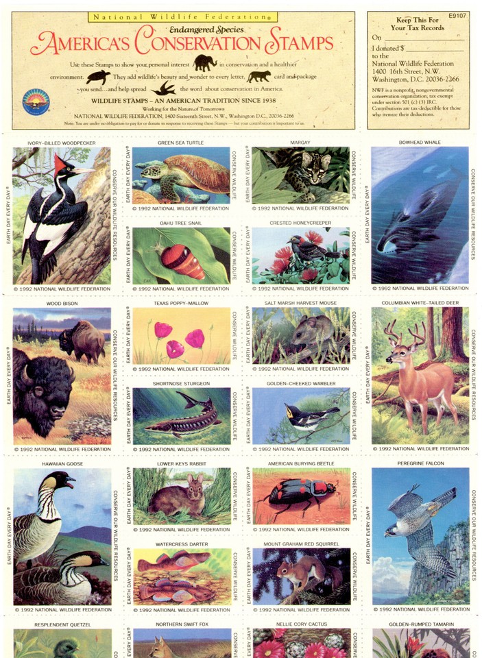 1992 National Wildlife Conservation Stamp Sheet 36 Animal Stamps MINT ...
