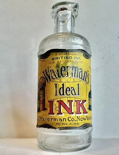 1916 Antique Waterman Vintage Ink Bottle Labeled 1/2 PINT Old Writing ...