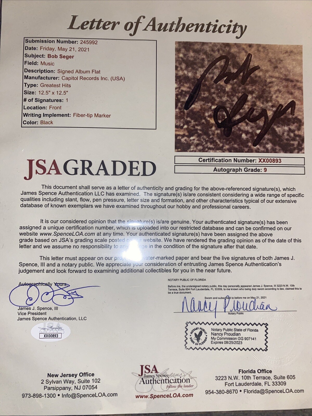 Bob Seger Autograph Signed Flat 12x12 JSA LOA Letter COA VERY RARE ...