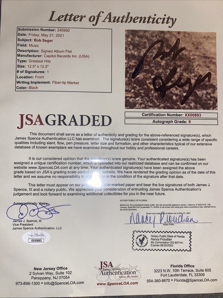Bob Seger Autograph Signed Flat 12x12 JSA LOA Letter COA VERY RARE ...