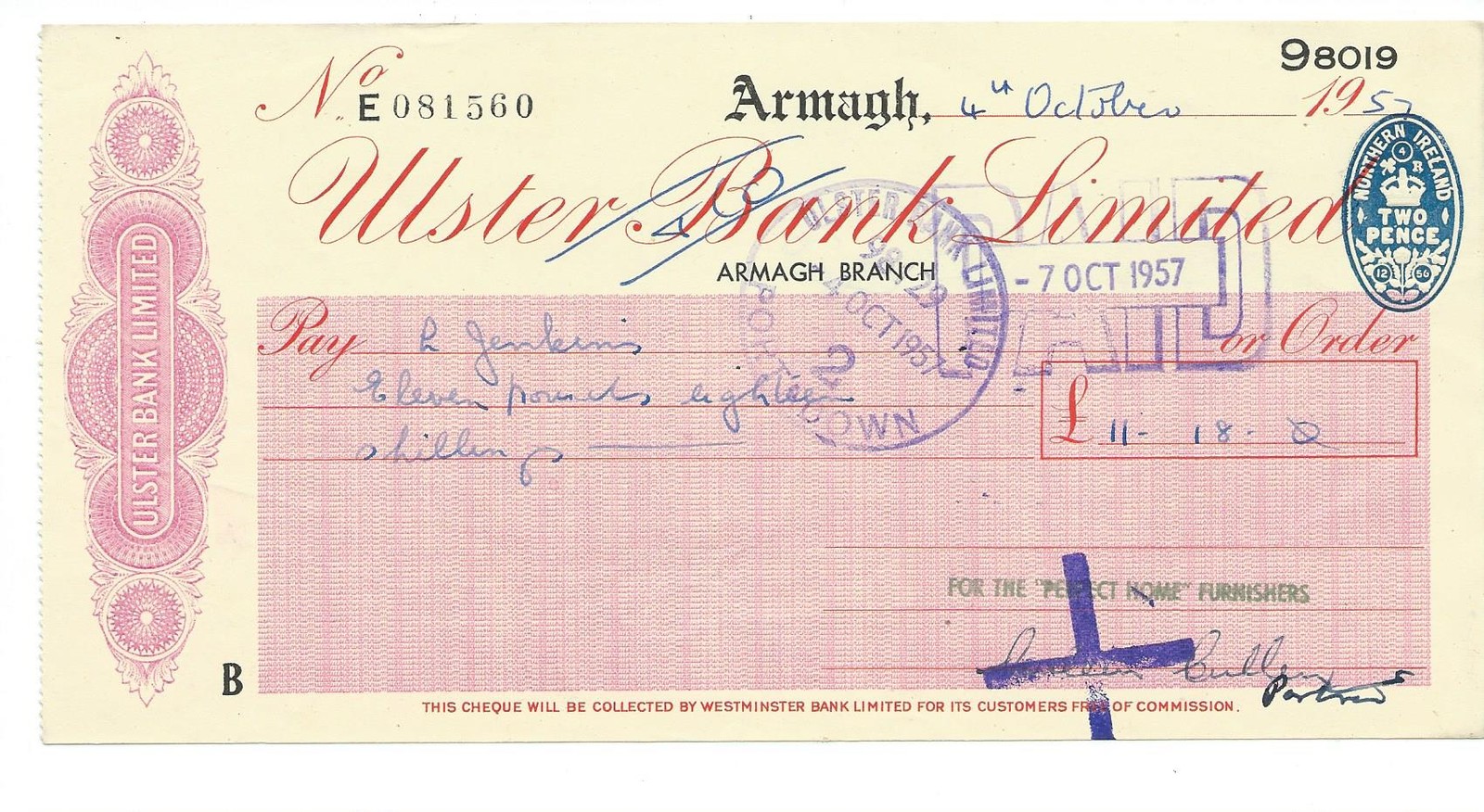 CHEQUE - USED - CH09 - 1950's - ULSTER BANK LIMITED - ARMAGH | eBay UK