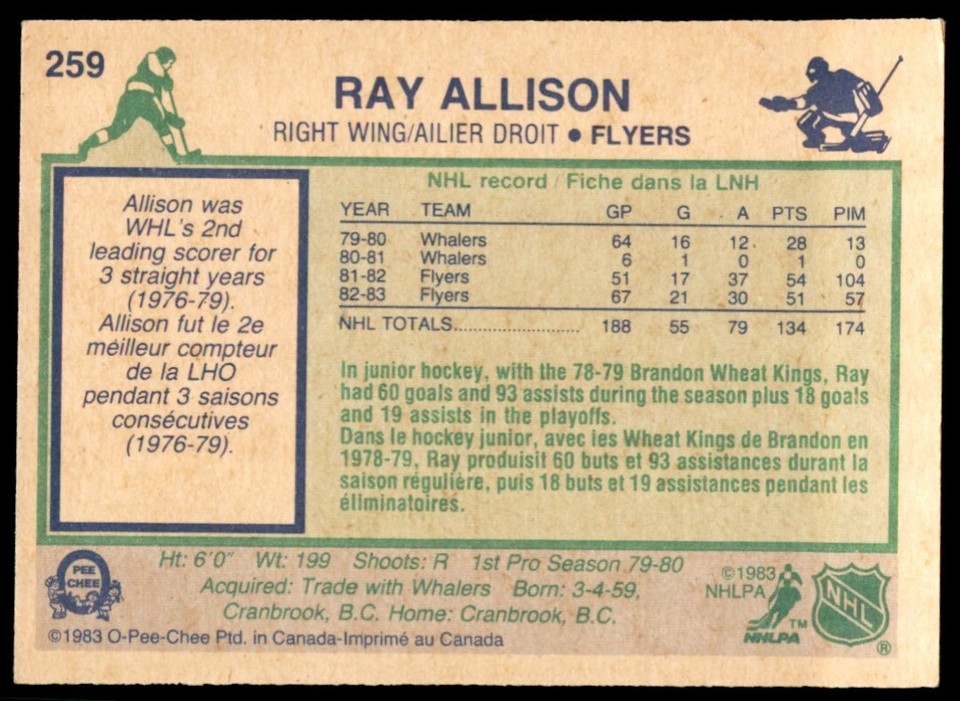 1983-84 O-Pee-Chee Ray Allison Philadelphia Flyers #259 | eBay