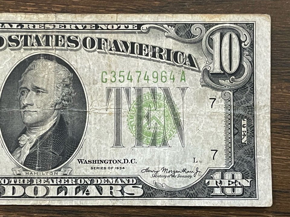 1934 Ten Dollar $10 Old US Currency Federal Reserve Note w/Green Seal ...