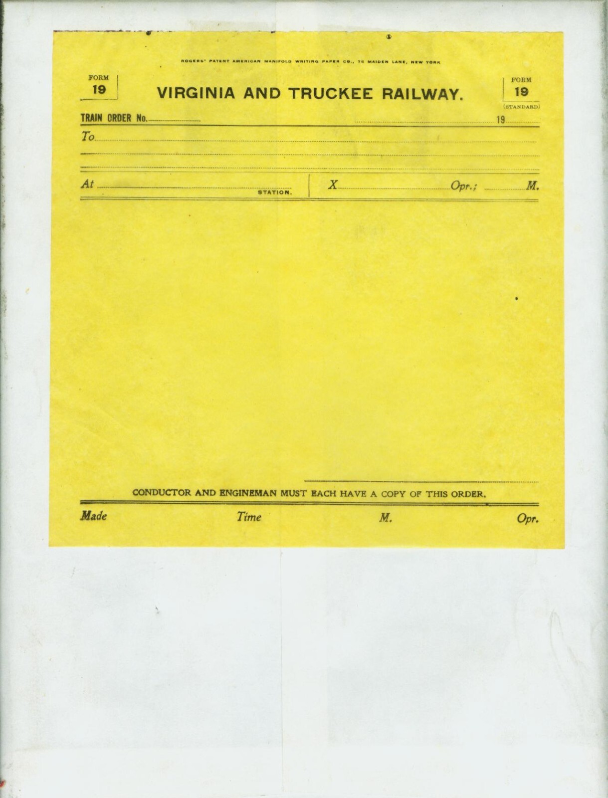 VIRGINIA & TRUCKEE RY. BLANK FORM 19 TRAIN ORDERS (8) VERY OLD, NO ...