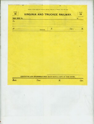 VIRGINIA & TRUCKEE RY. BLANK FORM 19 TRAIN ORDERS (8) VERY OLD, NO ...