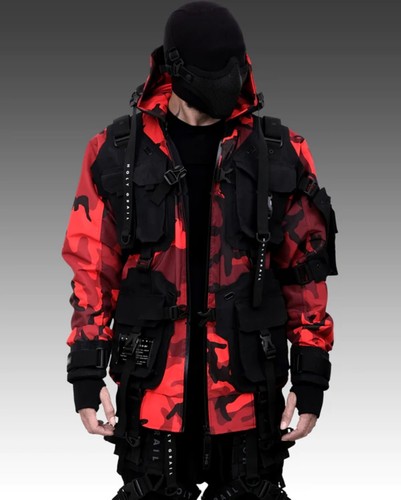 Men's Techwear Red Camouflage Jacket Hoodie Full Zip Buckle H-G B.O.M.B ...