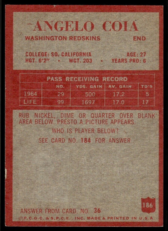 1965 Philadelphia Angelo Coia Washington Redskins #186 | eBay