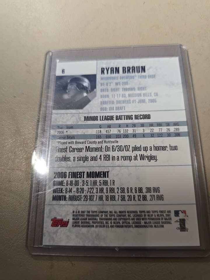 2007 RYAN BRAUN TOPPS FINEST ROOKIE REDEMPTION CARD. MILWAUKEE BREWERS ...