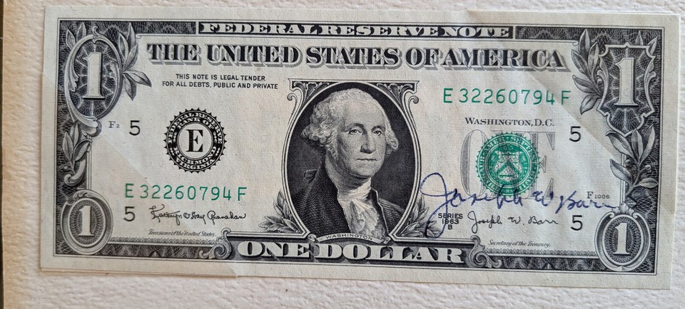 $1 JOSEPH W. BARR AUTOGRAPHED 1963-E Series B FRN Appears uncirculated ...